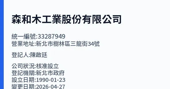 森和木工業股份有限公司的照片-統編 33287949(新北市) 公司登記資料與營業項目詳細圖表