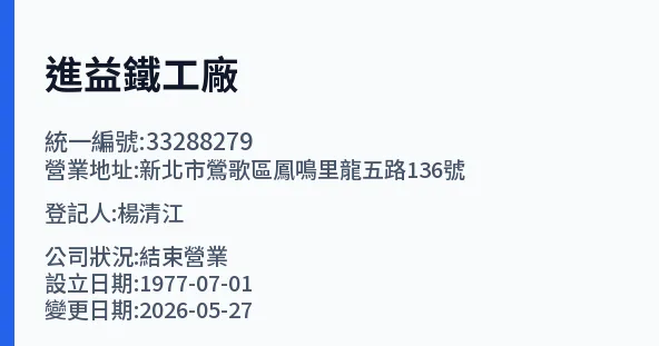進益鐵工廠的照片-統編 33288279(新北市) 公司登記資料與營業項目詳細圖表