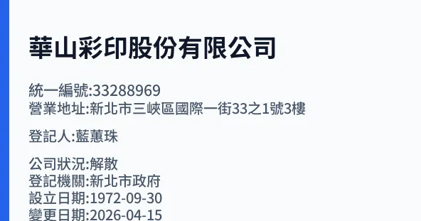 華山彩印股份有限公司的照片-統編 33288969(新北市) 公司登記資料與營業項目詳細圖表