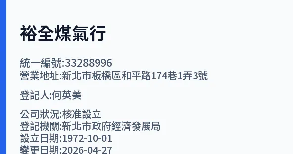 裕全煤氣行的照片-統編 33288996(新北市) 公司登記資料與營業項目詳細圖表