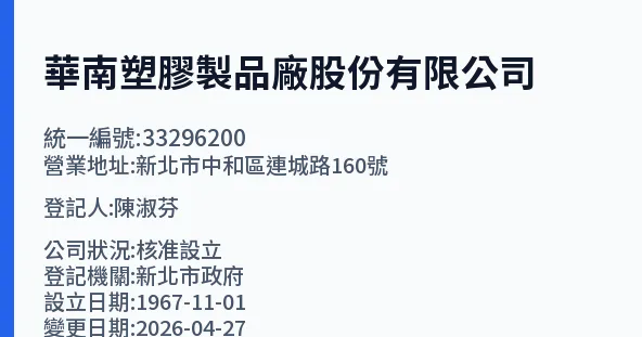 華南塑膠製品廠股份有限公司的照片-統編 33296200(新北市) 公司登記資料與營業項目詳細圖表