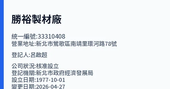 勝裕製材廠的照片-統編 33310408(新北市) 公司登記資料與營業項目詳細圖表