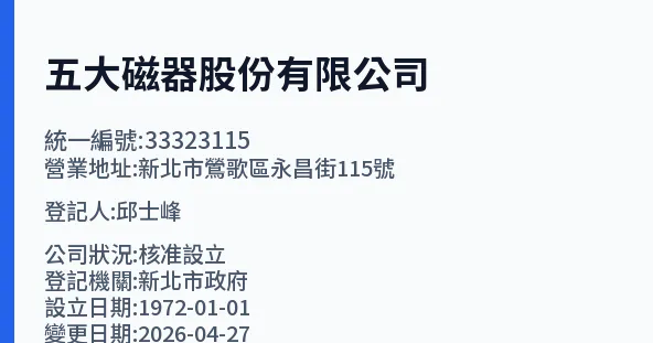 五大磁器股份有限公司的照片-統編 33323115(新北市) 公司登記資料與營業項目詳細圖表
