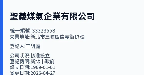 聖義煤氣企業有限公司的照片-統編 33323558(新北市) 公司登記資料與營業項目詳細圖表