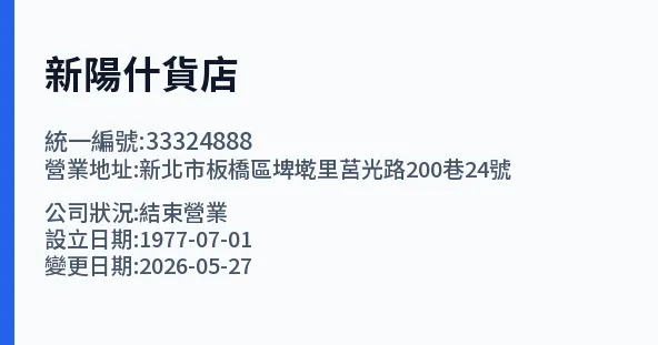 新陽什貨店的照片-統編 33324888(新北市) 公司登記資料與營業項目詳細圖表