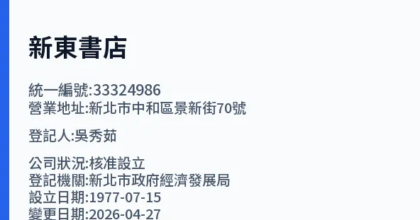 新東書店的照片-統編 33324986(新北市) 公司登記資料與營業項目詳細圖表