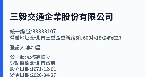 三毅交通企業股份有限公司的照片-統編 33333107(新北市) 公司登記資料與營業項目詳細圖表