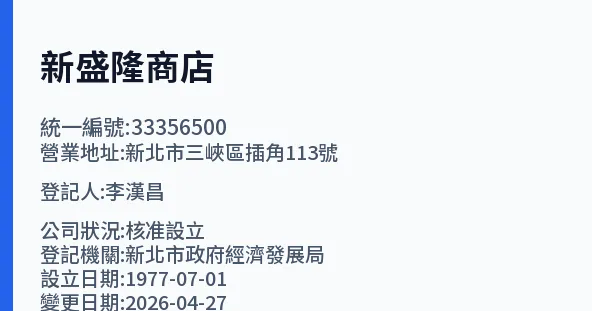 新盛隆商店的照片-統編 33356500(新北市) 公司登記資料與營業項目詳細圖表