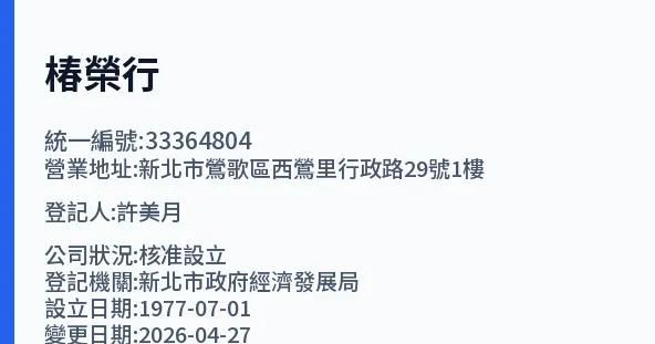 椿榮行的照片-統編 33364804(新北市) 公司登記資料與營業項目詳細圖表