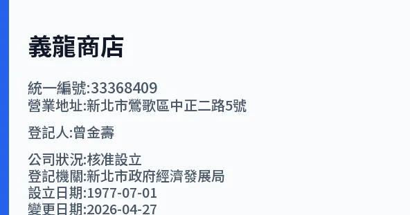 義龍商店的照片-統編 33368409(新北市) 公司登記資料與營業項目詳細圖表