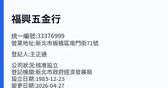 福興五金行的照片-統編 33376999(新北市) 公司登記資料與營業項目詳細圖表