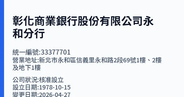 彰化商業銀行股份有限公司永和分行的照片-統編 33377701(新北市) 公司登記資料與營業項目詳細圖表