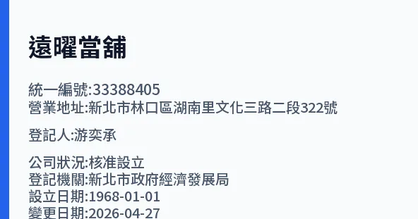 遠曜當舖的照片-統編 33388405(新北市) 公司登記資料與營業項目詳細圖表