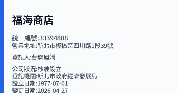福海商店的照片-統編 33394808(新北市) 公司登記資料與營業項目詳細圖表