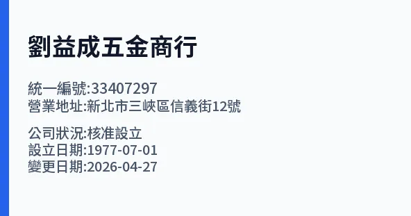劉益成五金商行的照片-統編 33407297(新北市) 公司登記資料與營業項目詳細圖表