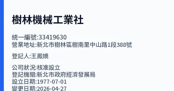 樹林機械工業社的照片-統編 33419630(新北市) 公司登記資料與營業項目詳細圖表