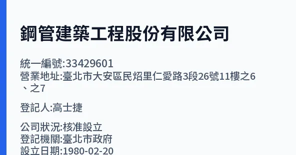 鋼管建築工程股份有限公司的照片-統編 33429601(臺北市) 公司登記資料與營業項目詳細圖表