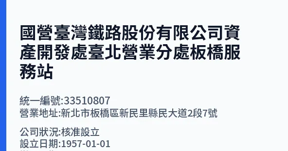 國營臺灣鐵路股份有限公司資產開發處臺北營業分處板橋服務站的照片-統編 33510807(新北市) 公司登記資料與營業項目詳細圖表