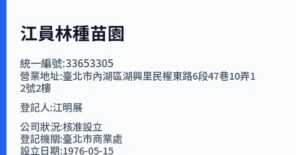 江員林種苗園的照片-統編 33653305(臺北市) 公司登記資料與營業項目詳細圖表