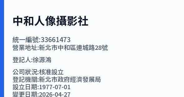 中和人像攝影社的照片-統編 33661473(新北市) 公司登記資料與營業項目詳細圖表