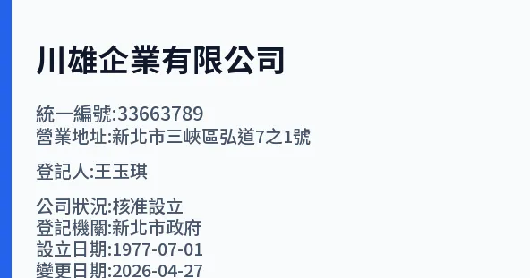 川雄企業有限公司的照片-統編 33663789(新北市) 公司登記資料與營業項目詳細圖表