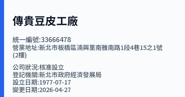 傳貴豆皮工廠的照片-統編 33666478(新北市) 公司登記資料與營業項目詳細圖表