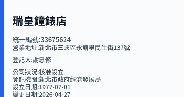 瑞皇鐘錶店的照片-統編 33675624(新北市) 公司登記資料與營業項目詳細圖表