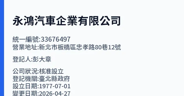 永鴻汽車企業有限公司的照片-統編 33676497(新北市) 公司登記資料與營業項目詳細圖表