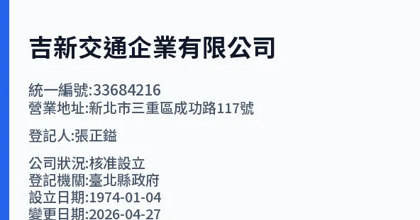 吉新交通企業有限公司的照片-統編 33684216(新北市) 公司登記資料與營業項目詳細圖表
