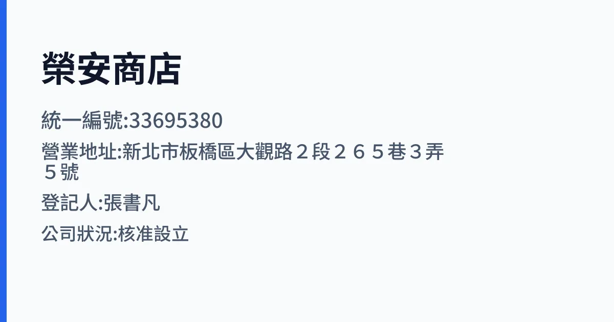 榮安商店 - 統編 33695380(新北市) 公司登記資料與營業項目詳細圖表