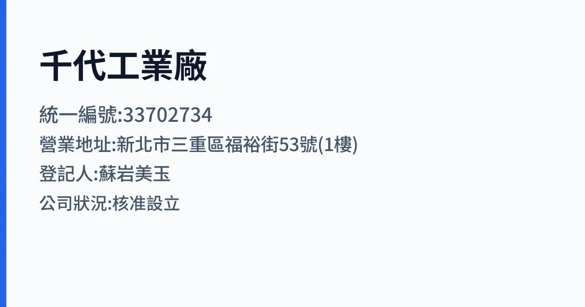 千代工業廠 - 統編 33702734(新北市) 公司登記資料與營業項目詳細圖表