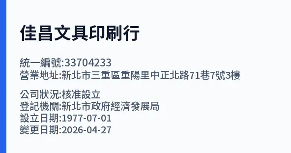 佳昌文具印刷行的照片-統編 33704233(新北市) 公司登記資料與營業項目詳細圖表
