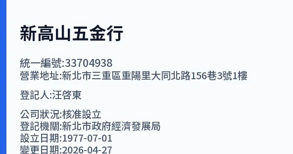 新高山五金行的照片-統編 33704938(新北市) 公司登記資料與營業項目詳細圖表