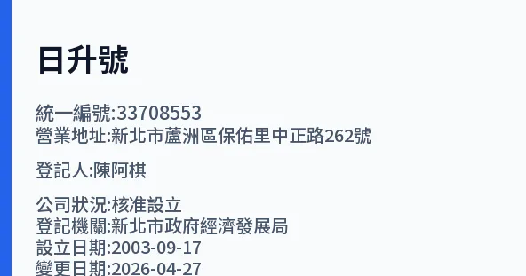 日升號的照片-統編 33708553(新北市) 公司登記資料與營業項目詳細圖表