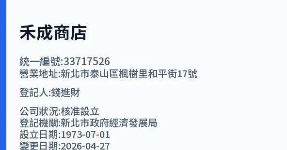 禾成商店的照片-統編 33717526(新北市) 公司登記資料與營業項目詳細圖表