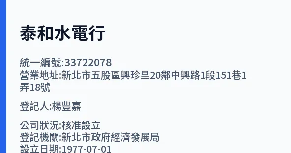 泰和水電行的照片-統編 33722078(新北市) 公司登記資料與營業項目詳細圖表