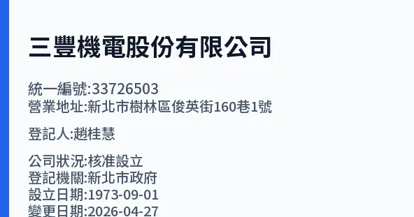 三豐機電股份有限公司的照片-統編 33726503(新北市) 公司登記資料與營業項目詳細圖表