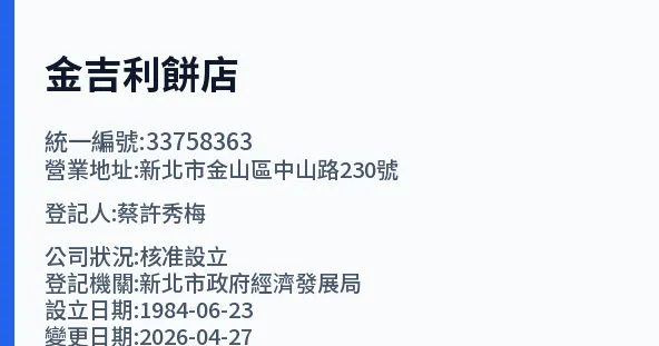 金吉利餅店的照片-統編 33758363(新北市) 公司登記資料與營業項目詳細圖表