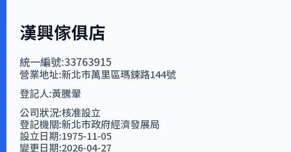 漢興傢俱店的照片-統編 33763915(新北市) 公司登記資料與營業項目詳細圖表