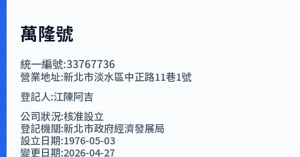 萬隆號的照片-統編 33767736(新北市) 公司登記資料與營業項目詳細圖表