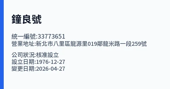 鐘良號的照片-統編 33773651(新北市) 公司登記資料與營業項目詳細圖表