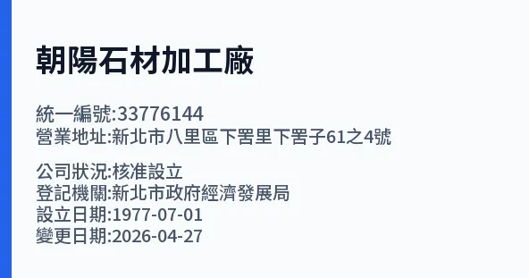 朝陽石材加工廠的照片-統編 33776144(新北市) 公司登記資料與營業項目詳細圖表