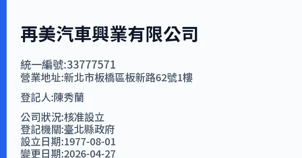 再美汽車興業有限公司的照片-統編 33777571(新北市) 公司登記資料與營業項目詳細圖表