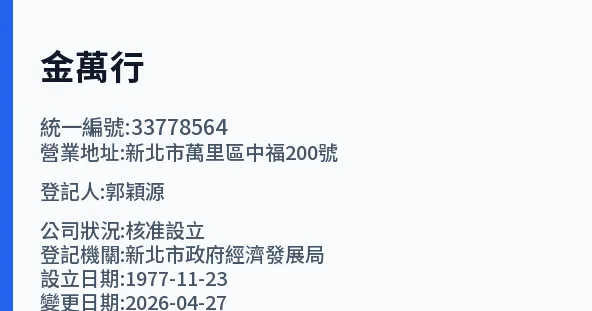 金萬行的照片-統編 33778564(新北市) 公司登記資料與營業項目詳細圖表
