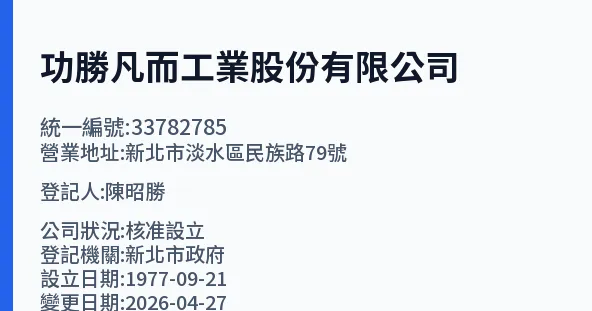 功勝凡而工業股份有限公司的照片-統編 33782785(新北市) 公司登記資料與營業項目詳細圖表