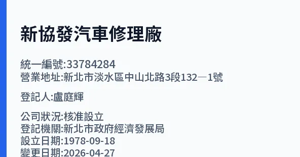 新協發汽車修理廠的照片-統編 33784284(新北市) 公司登記資料與營業項目詳細圖表