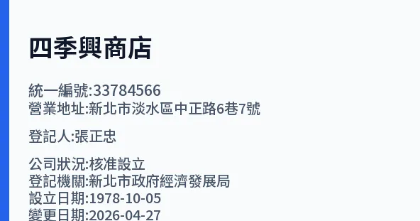 四季興商店的照片-統編 33784566(新北市) 公司登記資料與營業項目詳細圖表