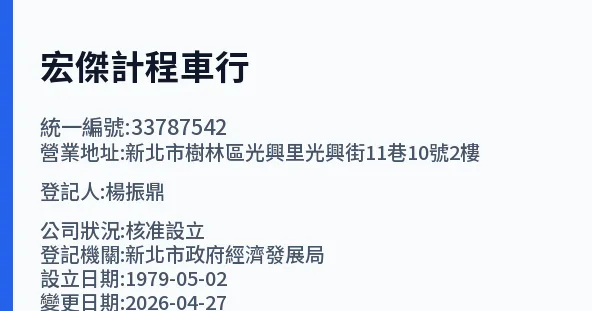 宏傑計程車行的照片-統編 33787542(新北市) 公司登記資料與營業項目詳細圖表