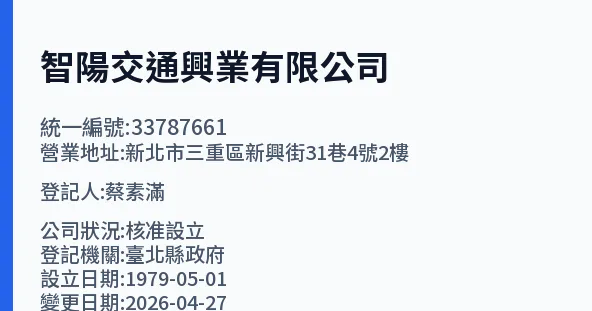 智陽交通興業有限公司的照片-統編 33787661(新北市) 公司登記資料與營業項目詳細圖表