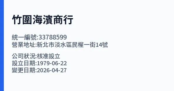 竹圍海濱商行的照片-統編 33788599(新北市) 公司登記資料與營業項目詳細圖表